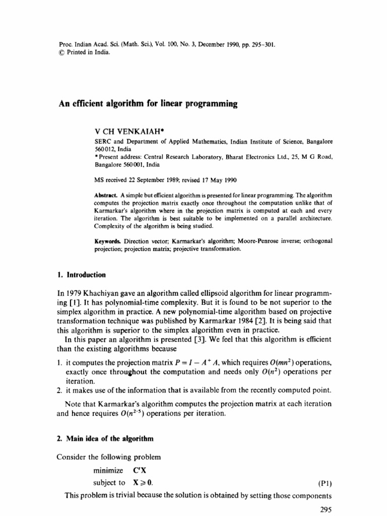 An Efficient Algorithm For Linear Programming (1990) | PDF | Linear ...