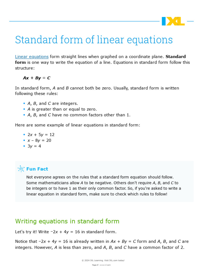 Standard Form of Linear Equations Guide | PDF | Equations | Arithmetic