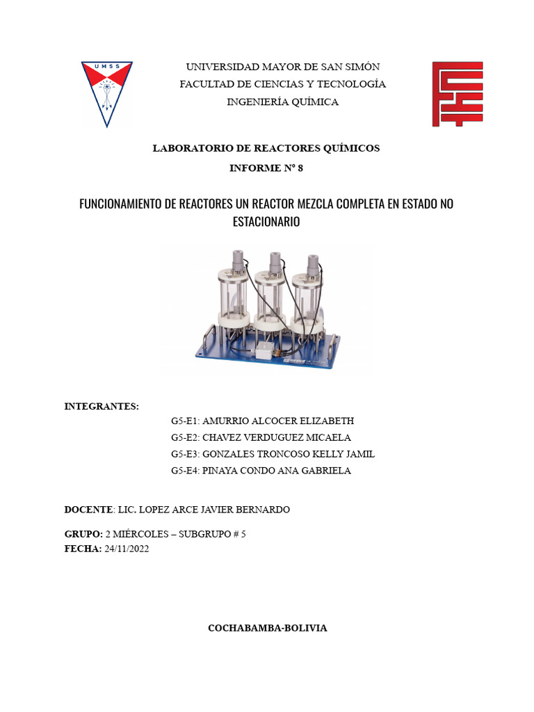 Informe 8 Lab Rea | PDF | Reactor Quimico | Reacciones químicas