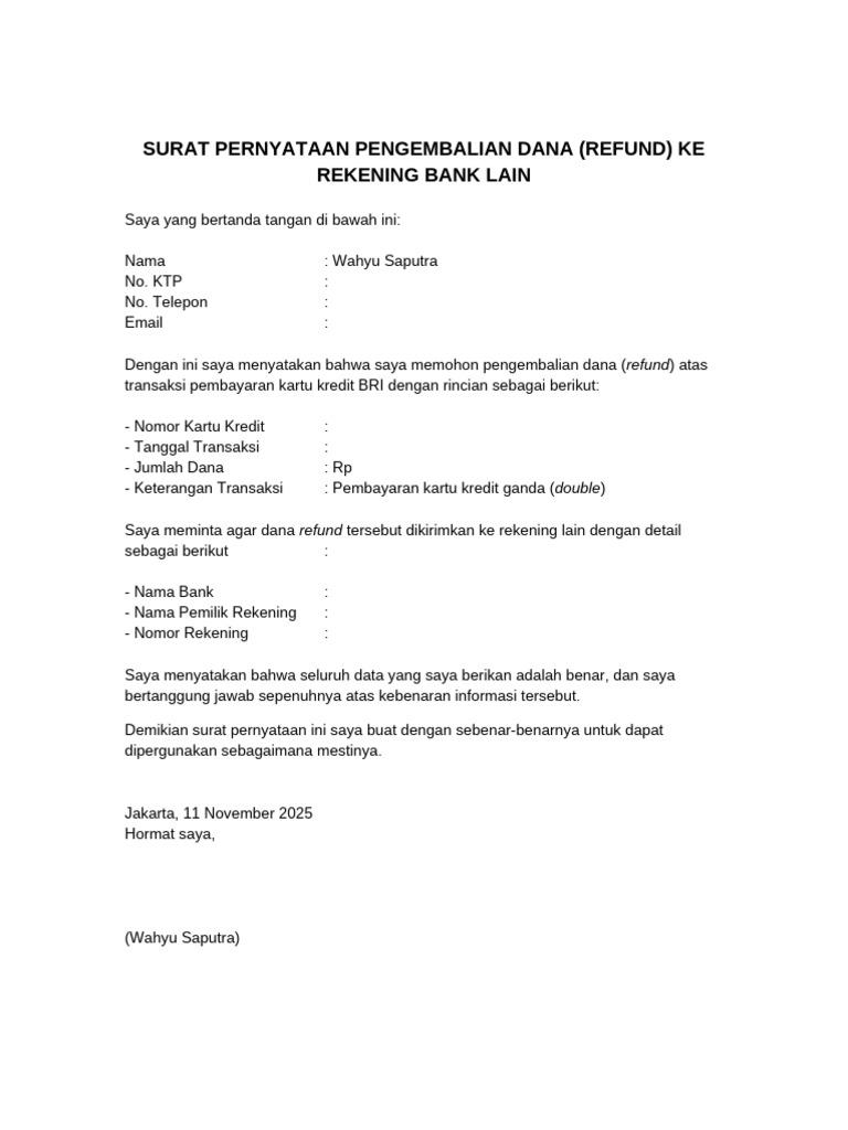 Surat Permohonan Refund Kartu Kredit | PDF