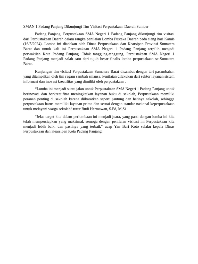 SMAN 1 Padang Panjang Dikunjungi Tim Visitasi Perpustakaan Daerah Sumbar | PDF