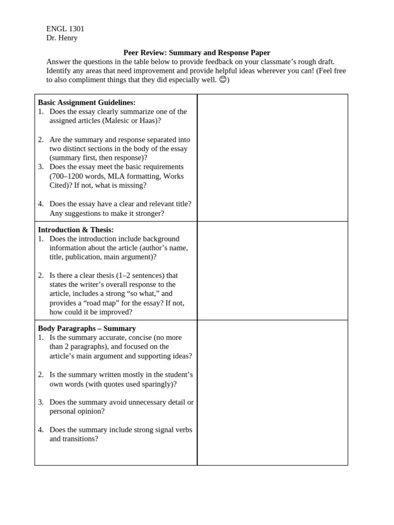 Summary & Response - Peer Review Feedback Form | PDF | Essays | Human ...