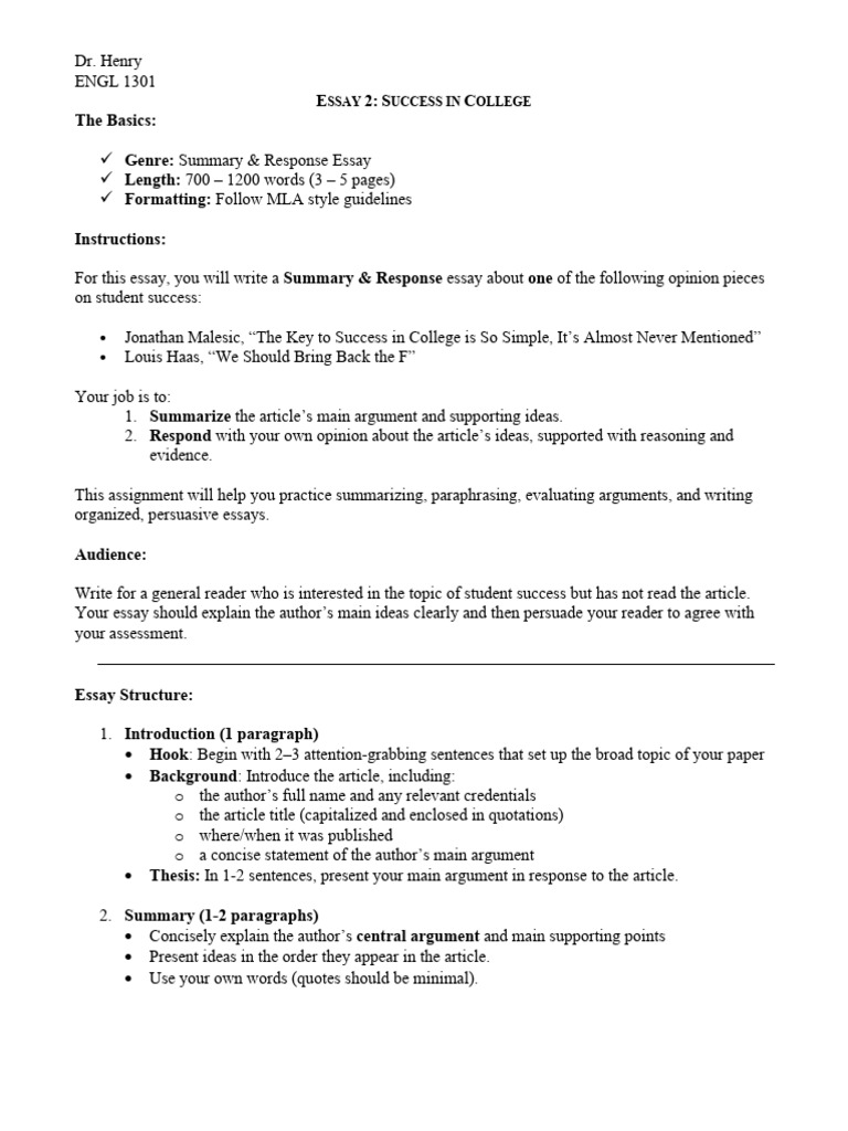 College Success: Summary & Response Essay | PDF | Essays | Argument