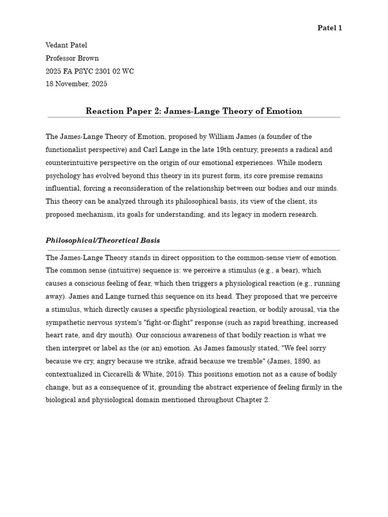 Reaction Paper 2 - James-Lange Theory of Emotion | PDF | Emotions ...