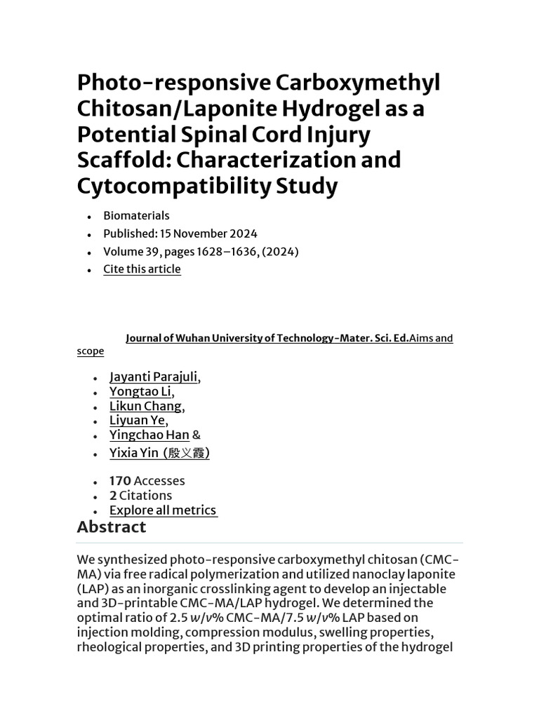 Photo-Responsive Carboxymethyl Chitosan/Laponite Hydrogel As A ...
