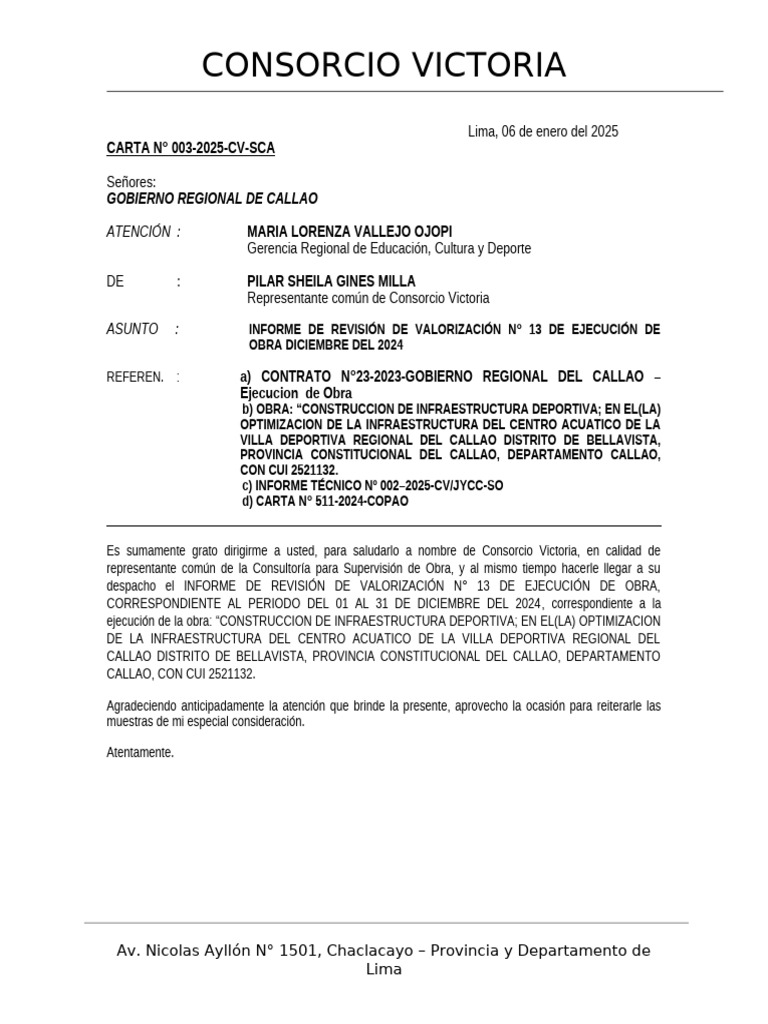 CARTA N003- 2025-VALORIZACION N° 13 DE EJECUCION DE OBRA CONTRACTUAL | PDF