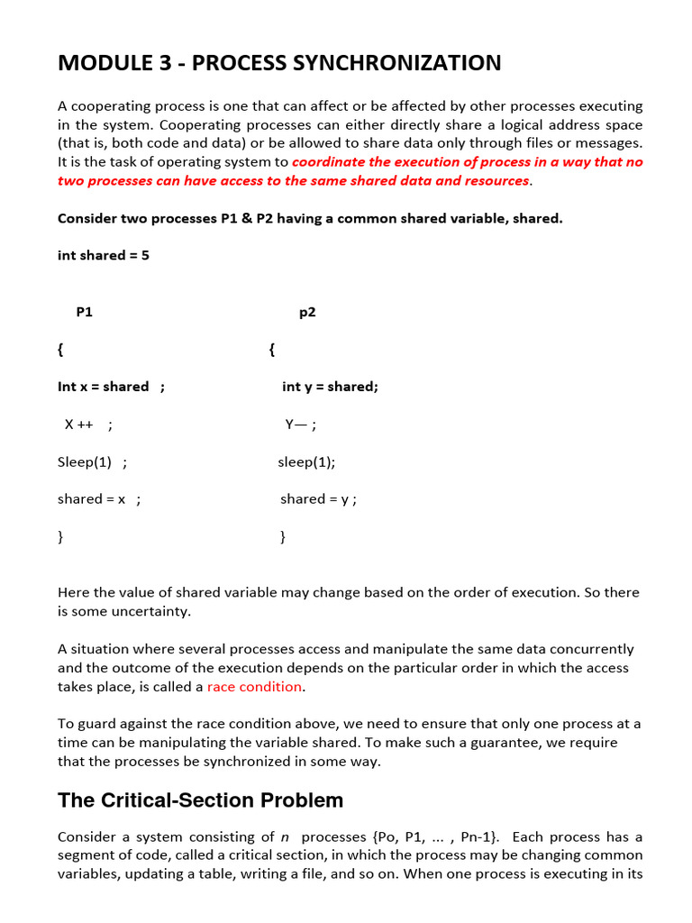 Module 3 - Process Synchronization | PDF | Process (Computing) | Synchronization