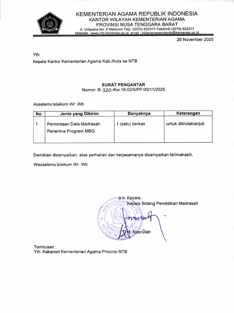 Permintaan Data Madrasah Penerima Program MBG | PDF