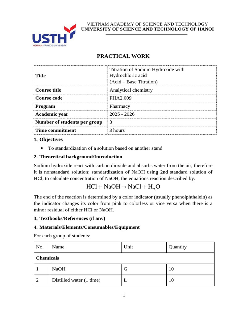 PHA2.009 Practical Class Titration 11.08.25 | PDF | Titration | Chemistry