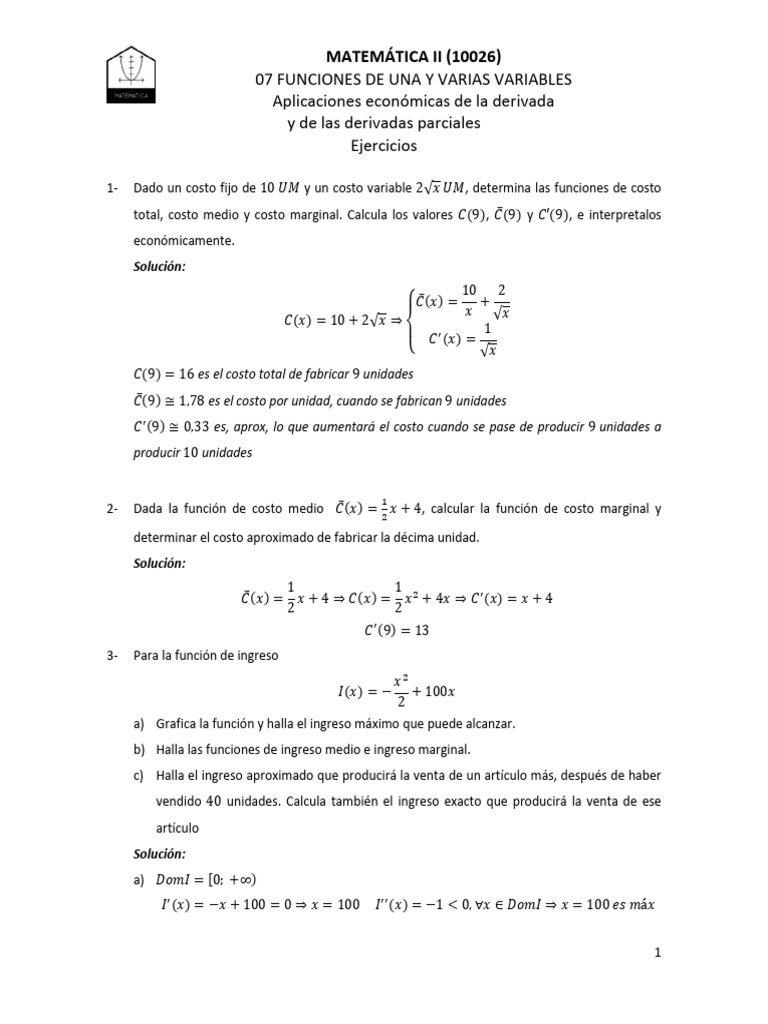 07 Aplicaciones Economicas de La Derivada EJERCICIOS RESUELTOS | PDF | Derivado | Función ...