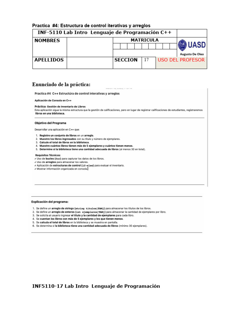 Practica #4 - Estructura de Control Iterativas y Arreglos - INF 5110 Lab Intro Lenguaje Prog ...