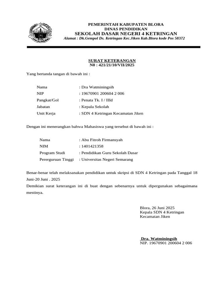 Surat Keterangan Mahasiswa SDN 4 Ketringan | PDF
