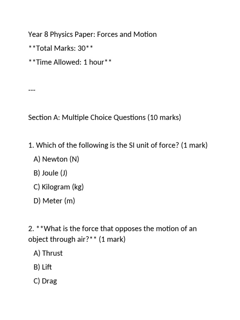 Year 8 Physics: Forces & Motion Exam | PDF | Weight | Force