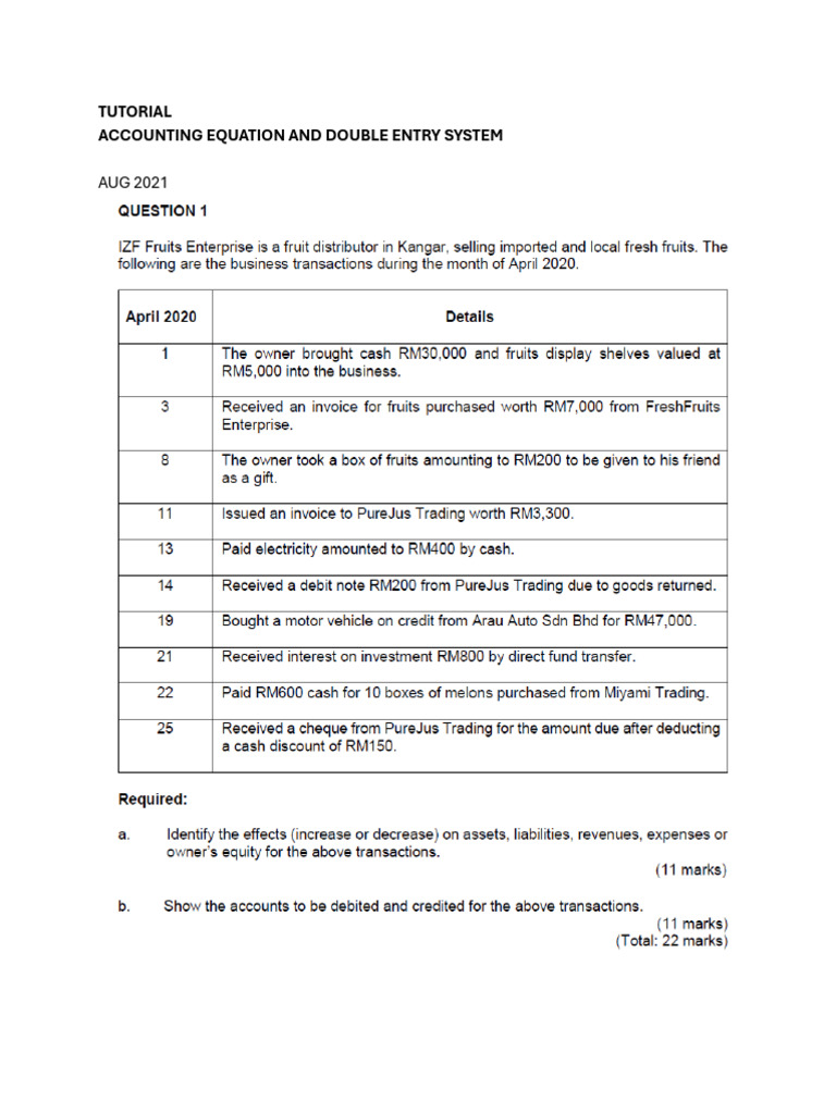 Acc407 Tutorial Accounting Equation and Double Entry System | PDF