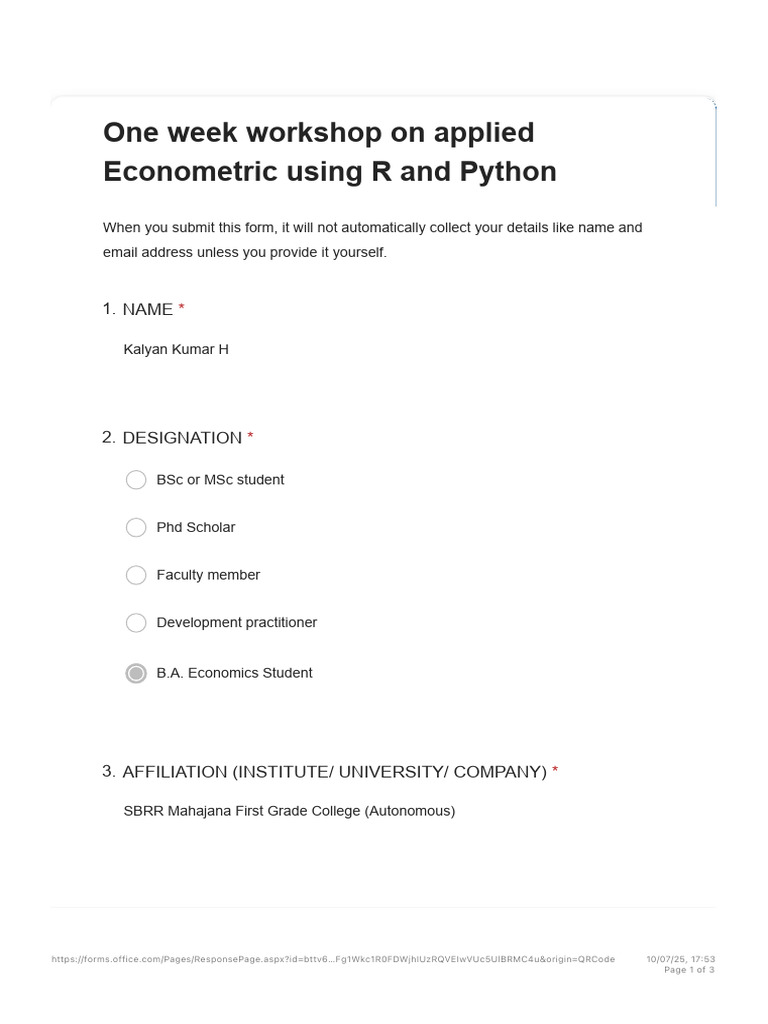 One Week Workshop on Applied Econometric Using R and Python | PDF ...