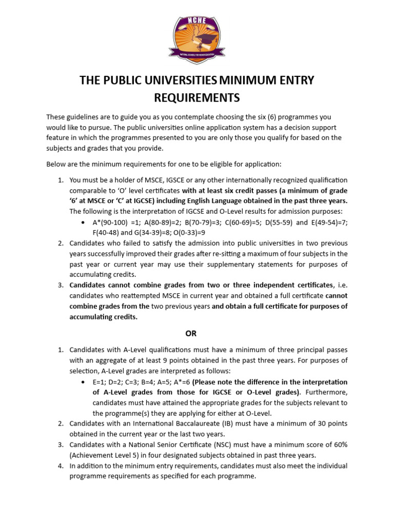 Public Universities Minimum Entry Requirements | PDF | University And ...