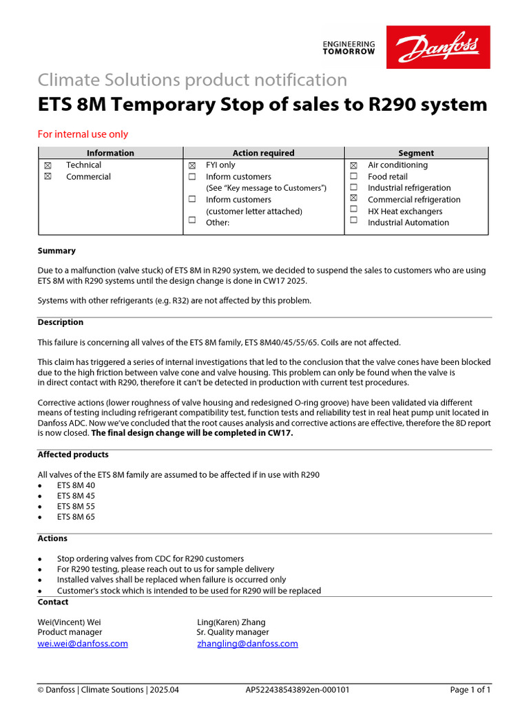 Product-Note-ETS 8M Temporary Stop of Sales To R290 System | PDF ...