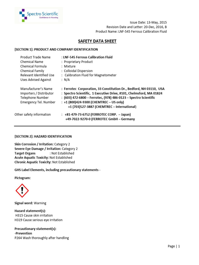 LNF-545 Ferrous Calibration Fluid SDS | PDF | Dangerous Goods | Toxicity