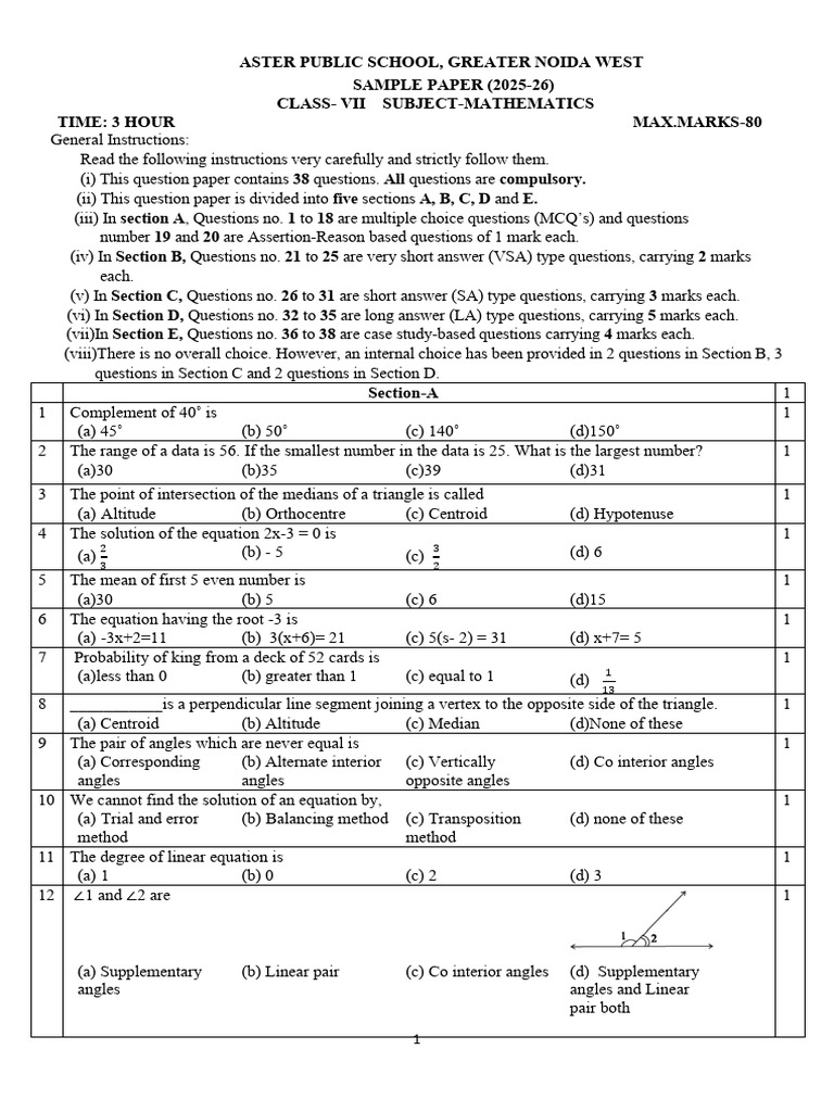 Class 7 Maths Sample Paper Term 1 | PDF
