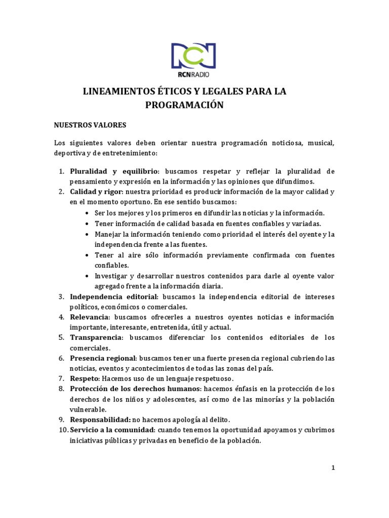 Manual de Lineamientos Eticos y Legales - RCN Radio | PDF | Radio ...