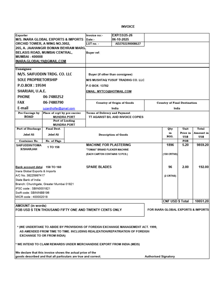 Invoice for Export of Plastering Machines | PDF