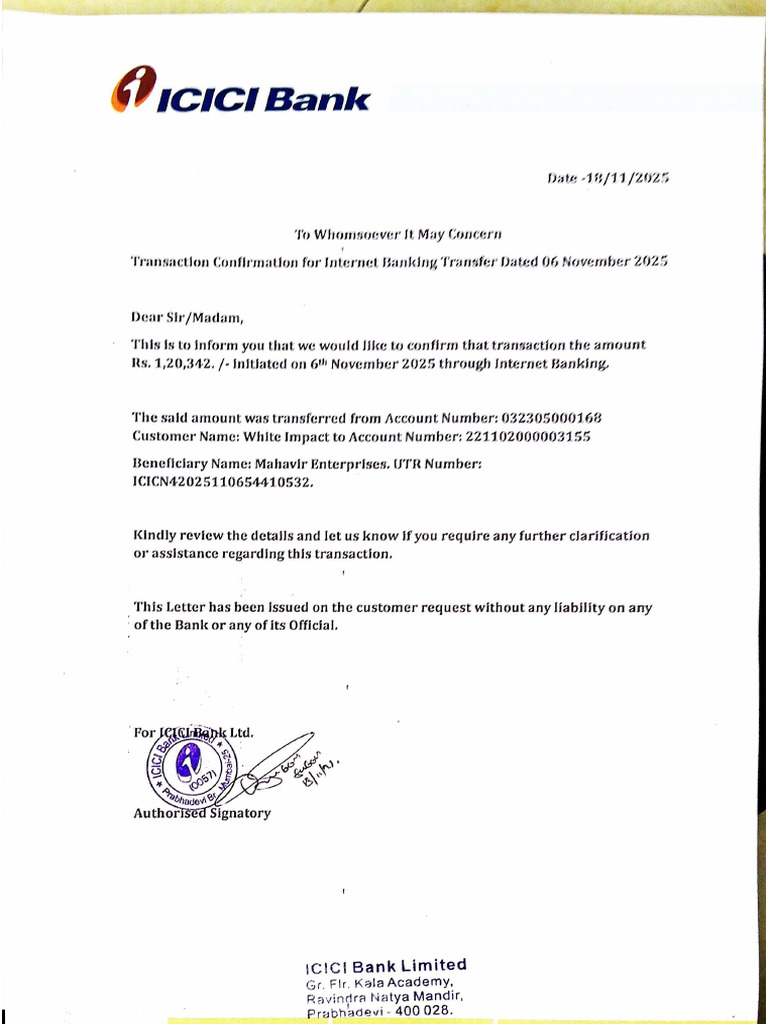 Confirmation Letter From Icici Bank | PDF
