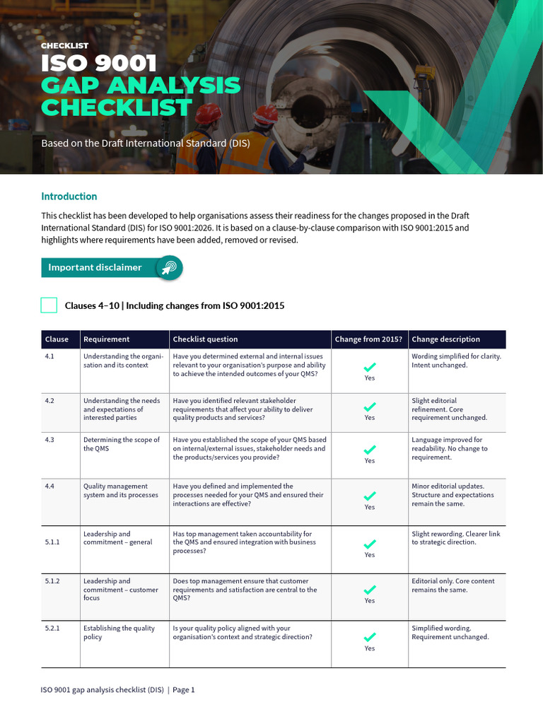 ISO 9001 DIS Gap Analysis Checklist SG 25 | PDF | Quality Management ...