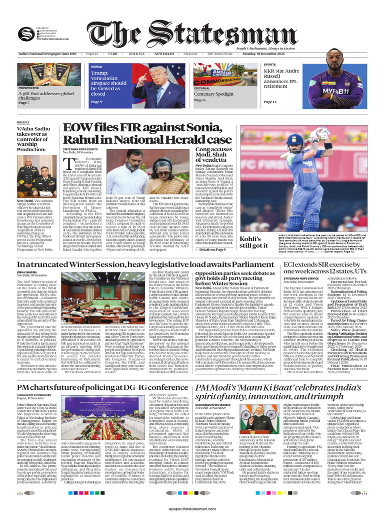 The Statesman 01 12 2025 | PDF | Narendra Modi | Politics Of India