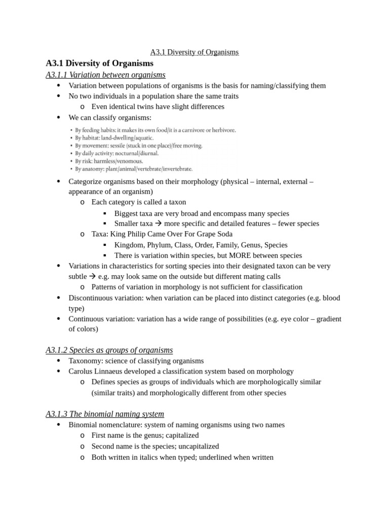 A3.1 Diversity of Organisms | PDF | Species | Genome