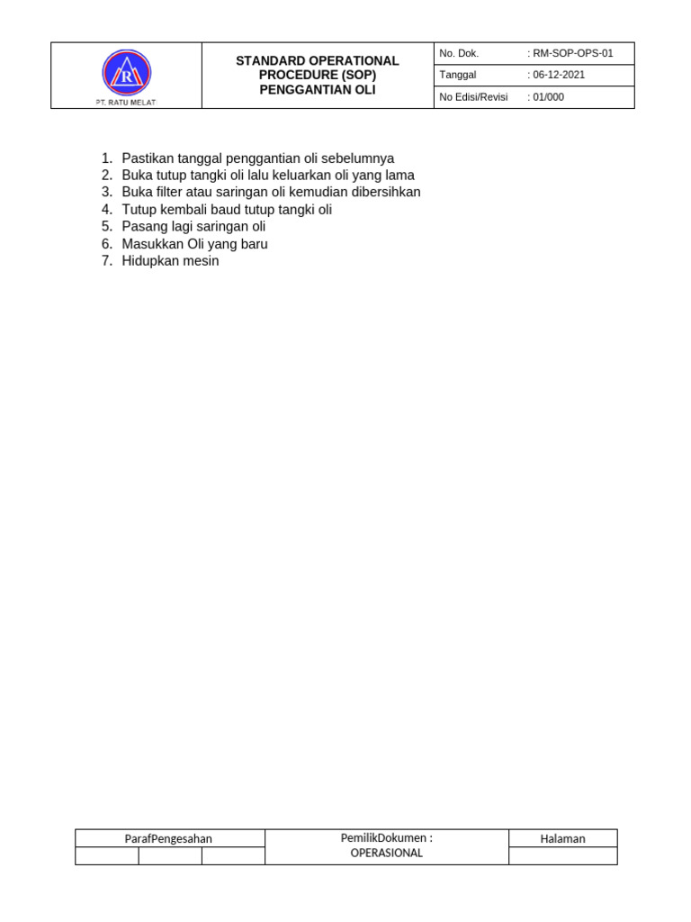 SOP Penggantian Oli | PDF