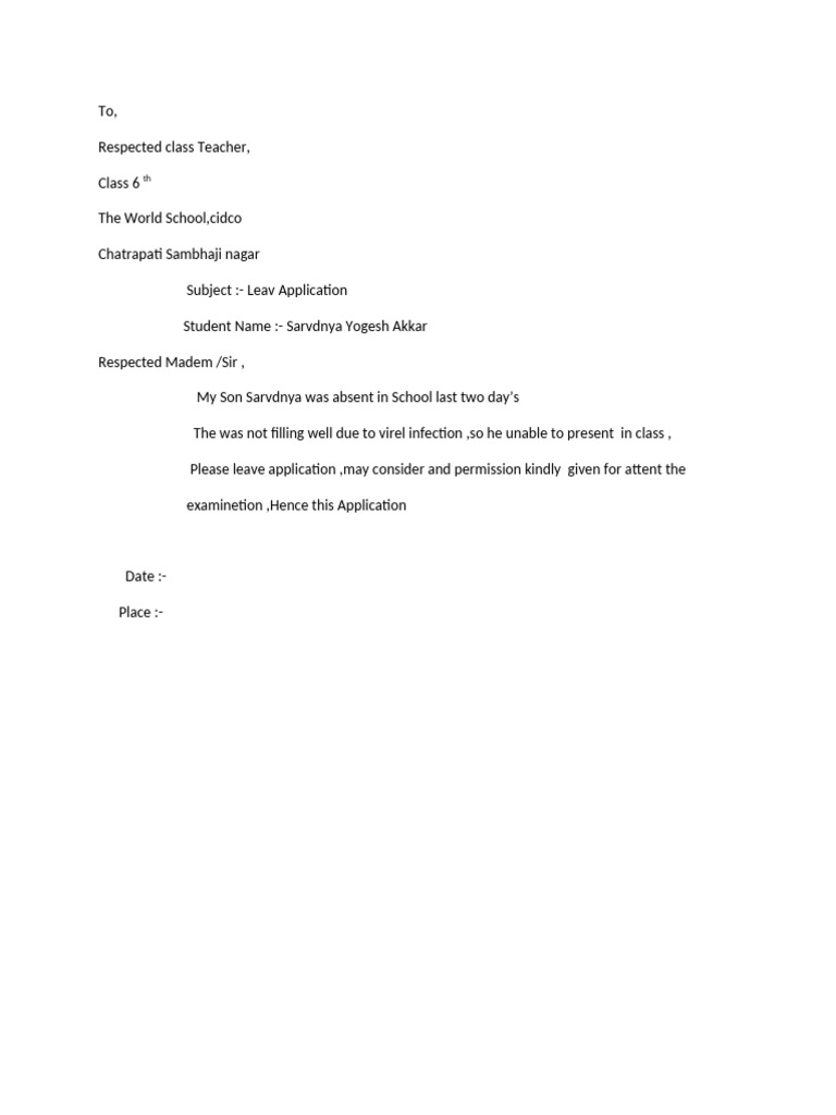 Leave Application for Class 6 Student | PDF