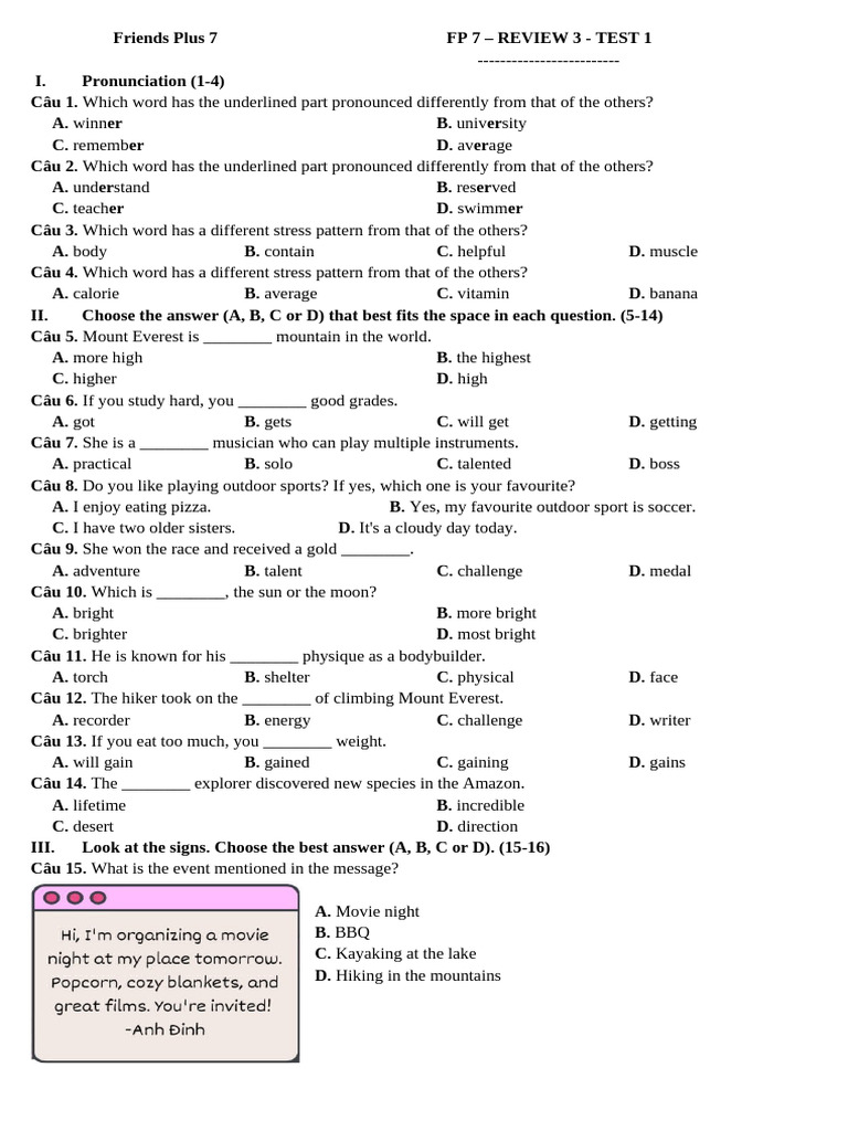 Friends Plus 7 Review Test 1 | PDF | Compass | Survival Skills