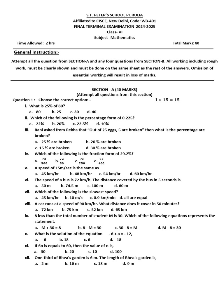 Class VI Mathematics Exam Paper 2024 | PDF | Length