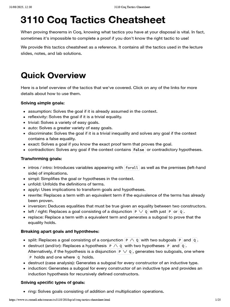 Coq Tactics Cheatsheet Guide | PDF | Theorem | Mathematical Proof