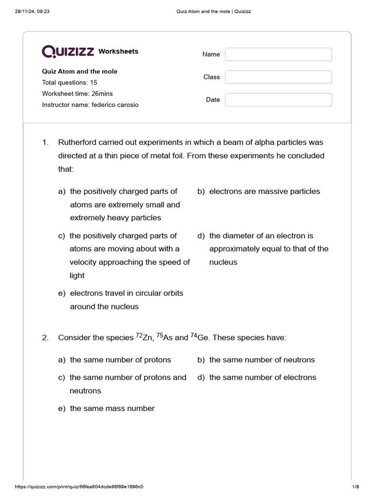 Quiz Atom and The Mole - Quizizz | PDF | Atoms | Mole (Unit)