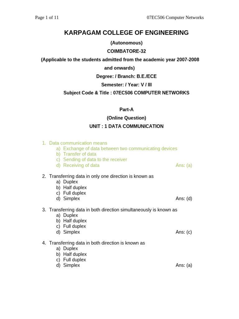 07EC506 Computer Networks Unit 1 | PDF | Network Topology | Osi Model