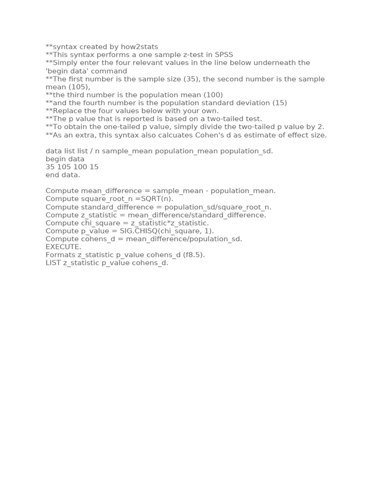 One Sample Z-Test Syntax for SPSS | PDF