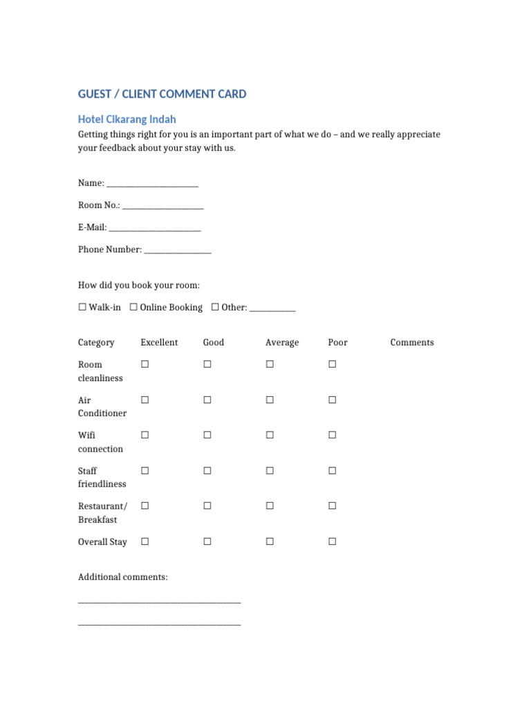 Guest Comment Card Hotel Cikarang Indah | PDF