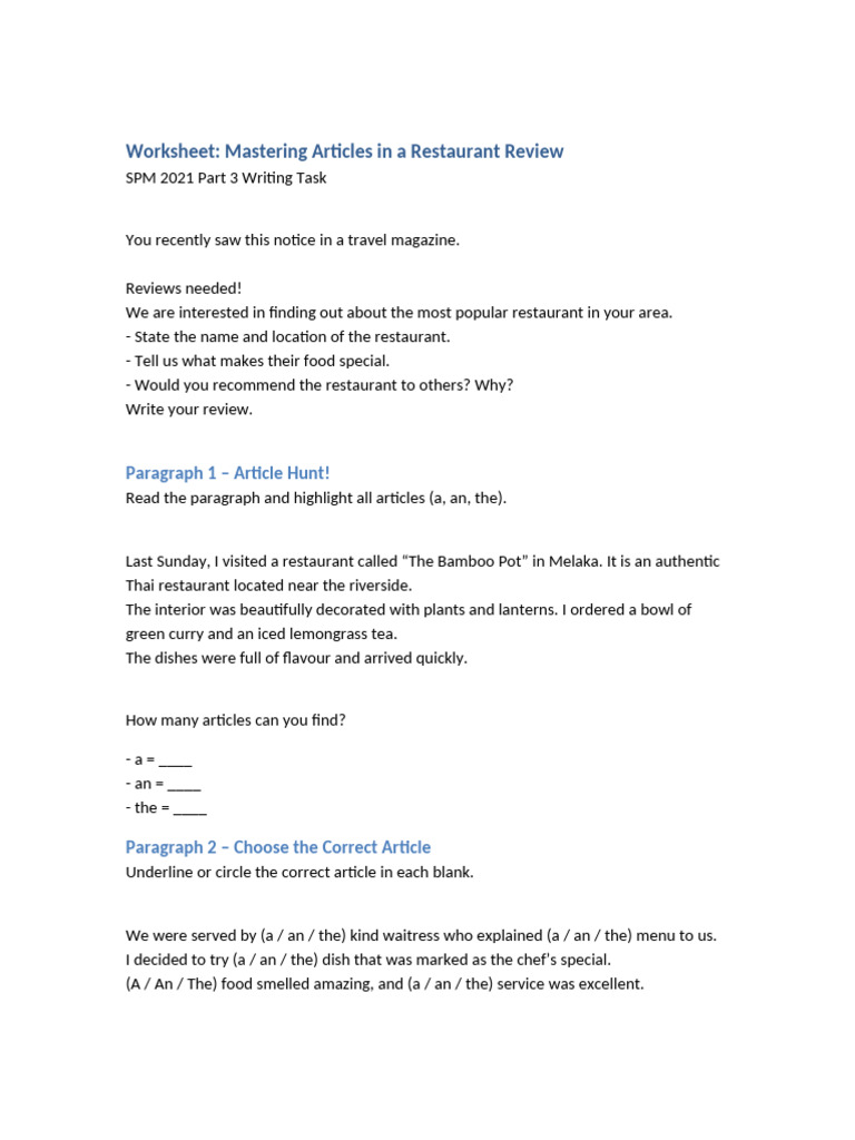 Restaurant Review Articles Worksheet | PDF | Thai Cuisine | Restaurants