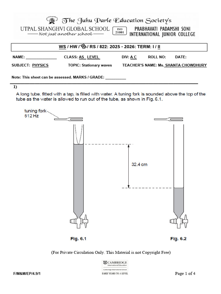 Physics Worksheet on Stationary Waves | PDF