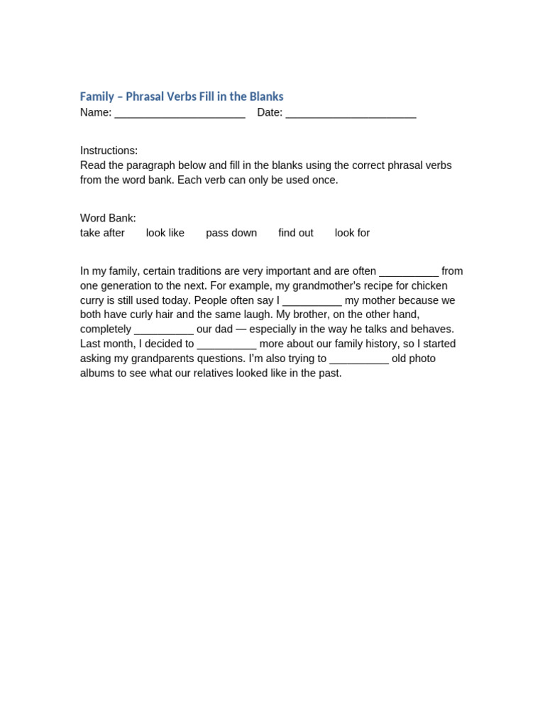 Family Phrasal Verbs Exercise | PDF