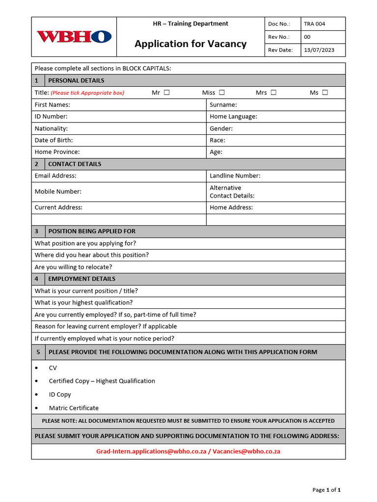 HR Training Department Vacancy Application | PDF