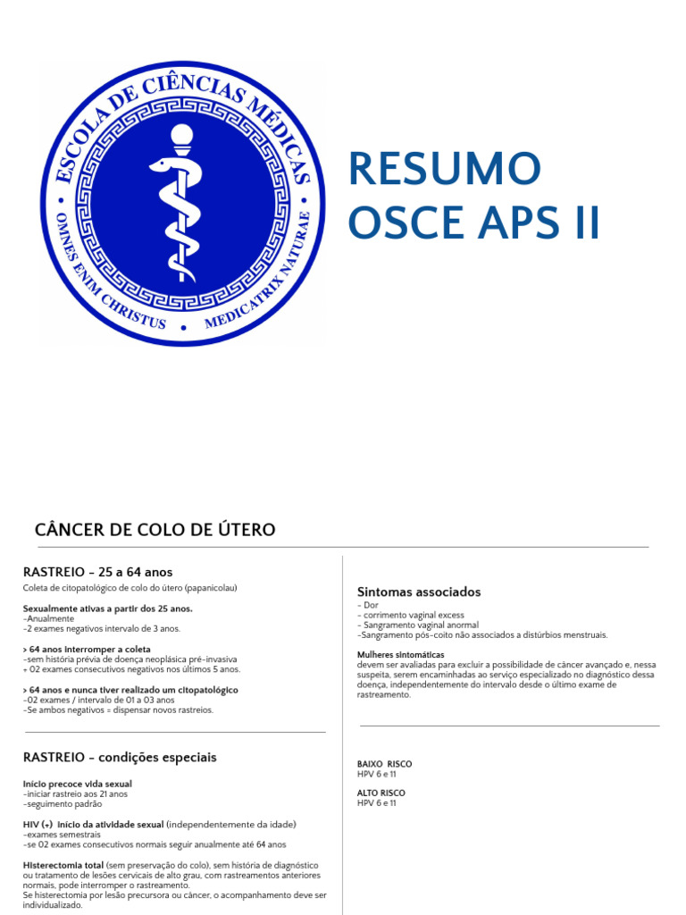 RESUMO OSCE - RASTREIOS -APS II | PDF | Câncer cervical | Triagem (Medicina)