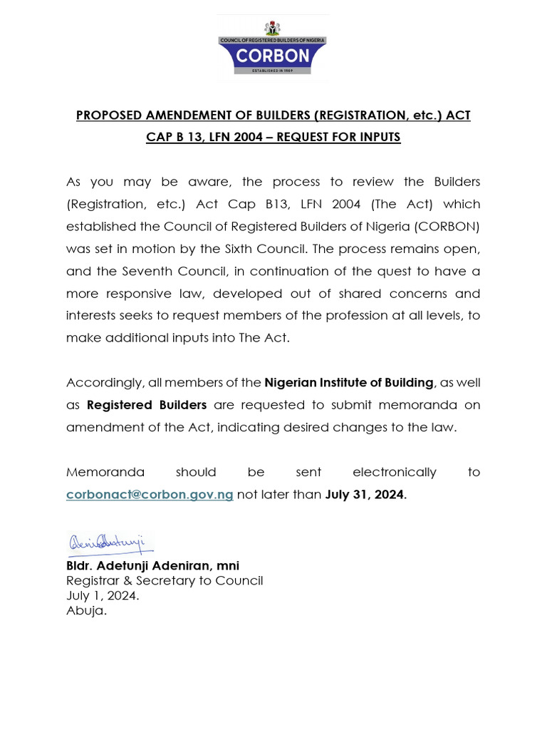Input Request for Builders Act Amendment | PDF