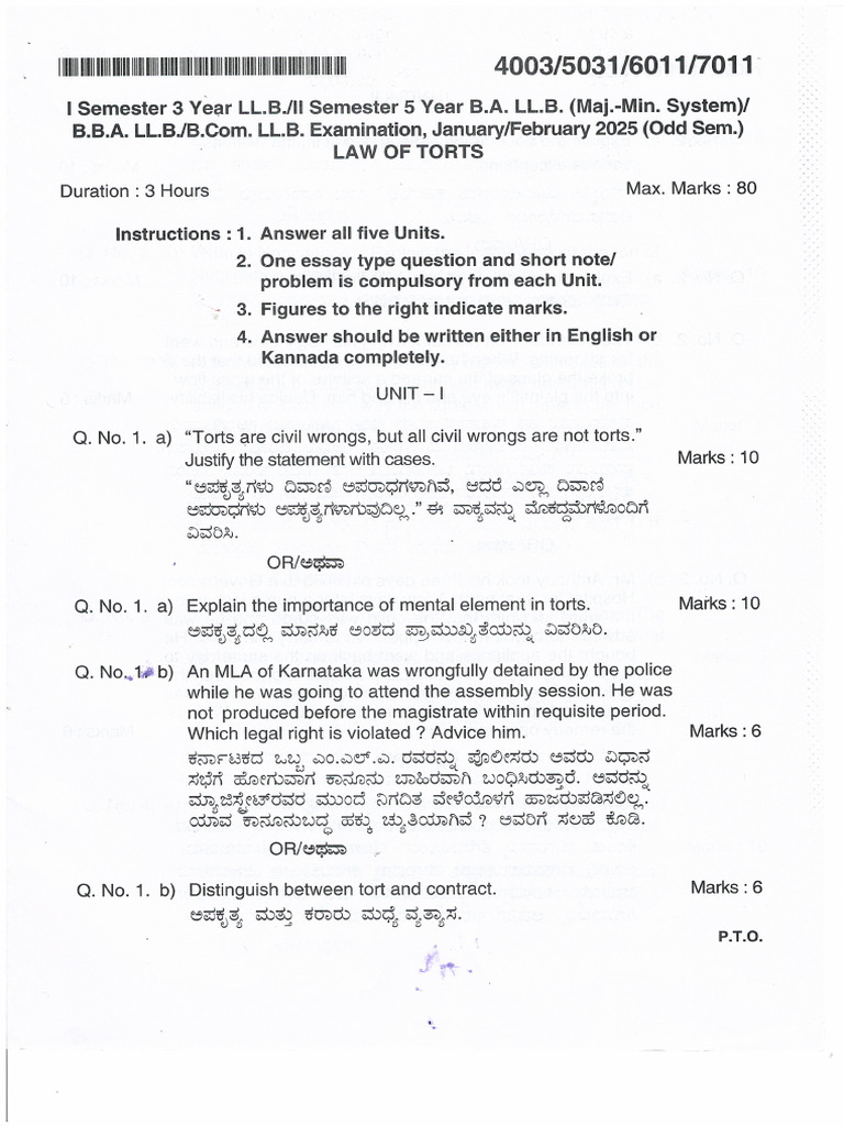 Law of Torts Jan 2025 | PDF