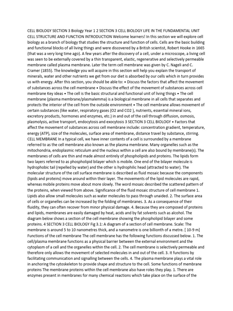 Cell Biology Section 3 Biology Year 1 2 Section 3 Cell Biology Life in ...