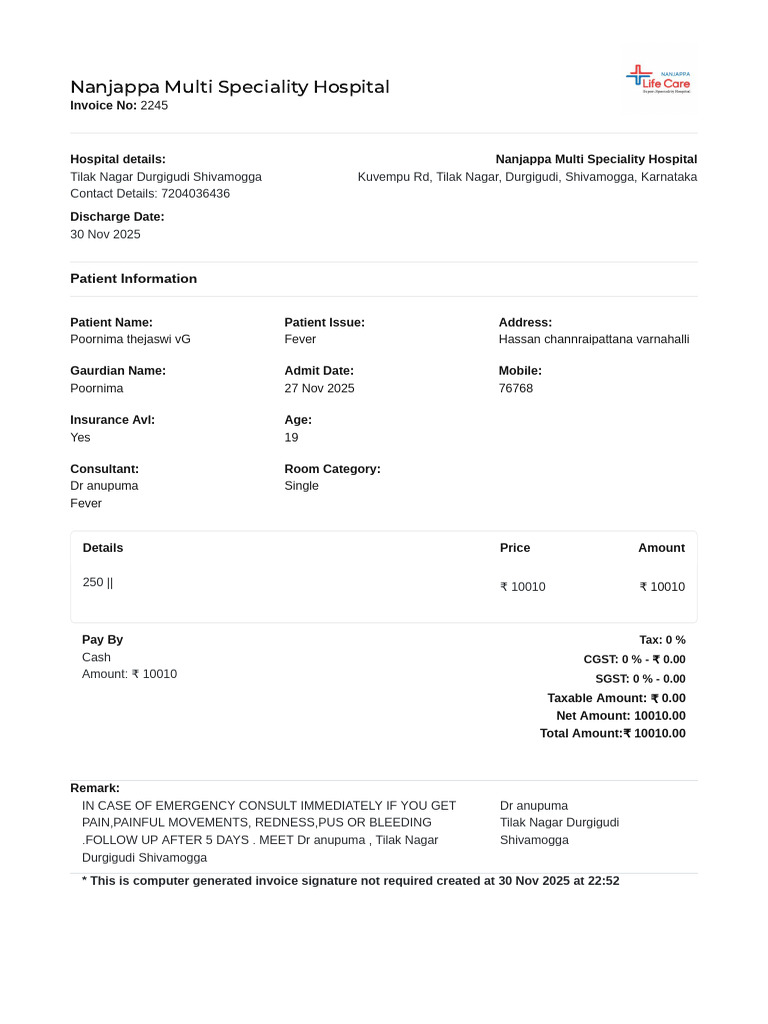 Nanjappa Hospital Invoice for Patient Care | PDF