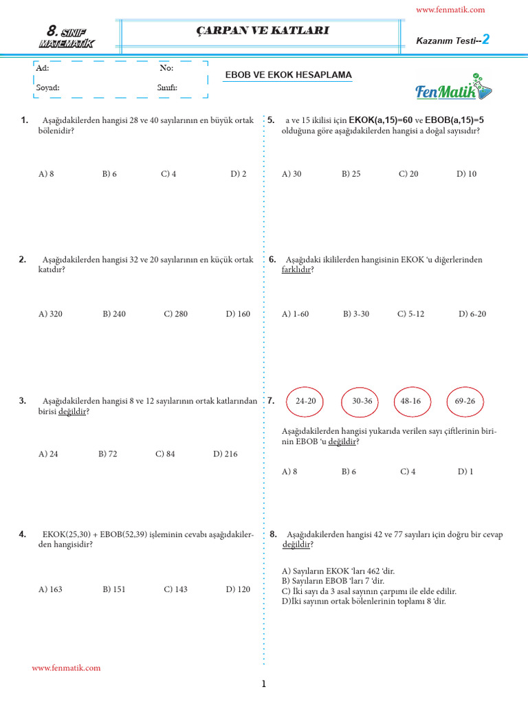8 Sinif Carpan Ve Katlari Ebob Ekok Kazanim Testi 2 | PDF