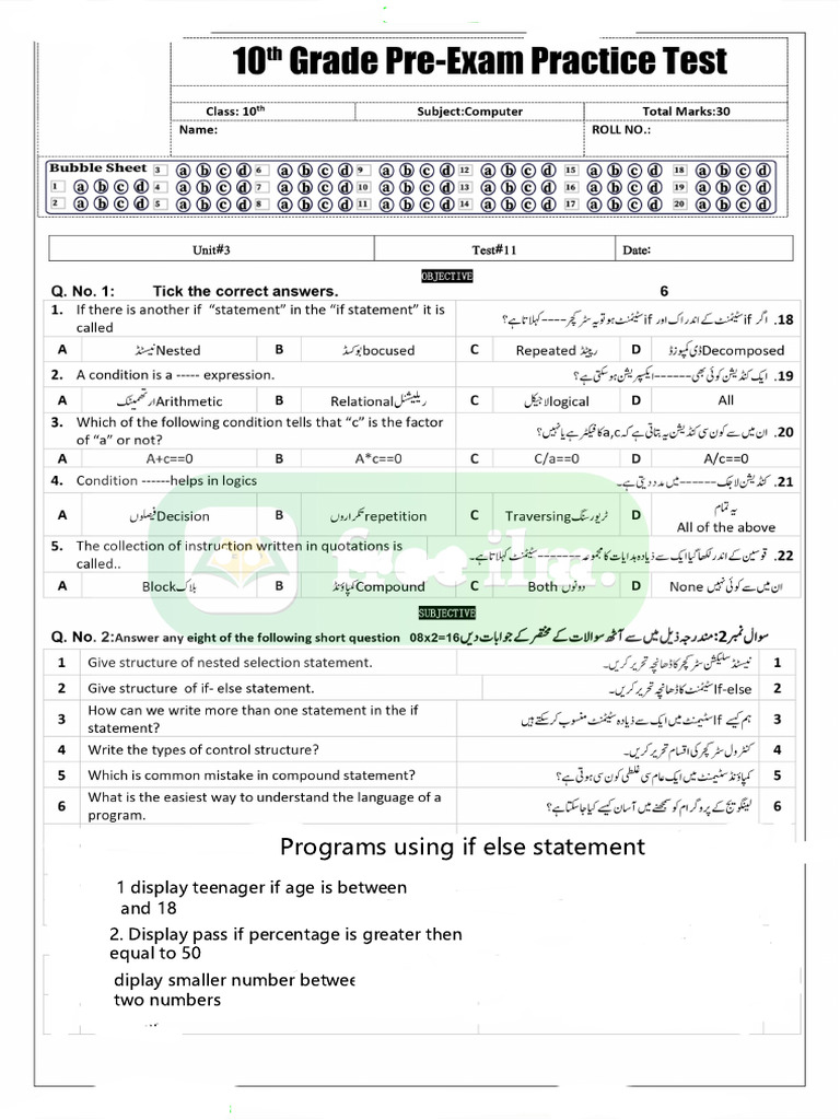 10th Computer Test Paper 11 | PDF