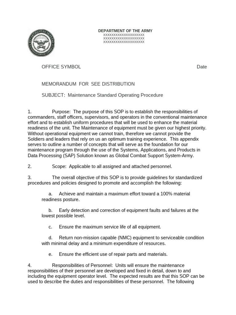 Army Maintenance SOP Guidelines | PDF | Cbrn Defense | Safety
